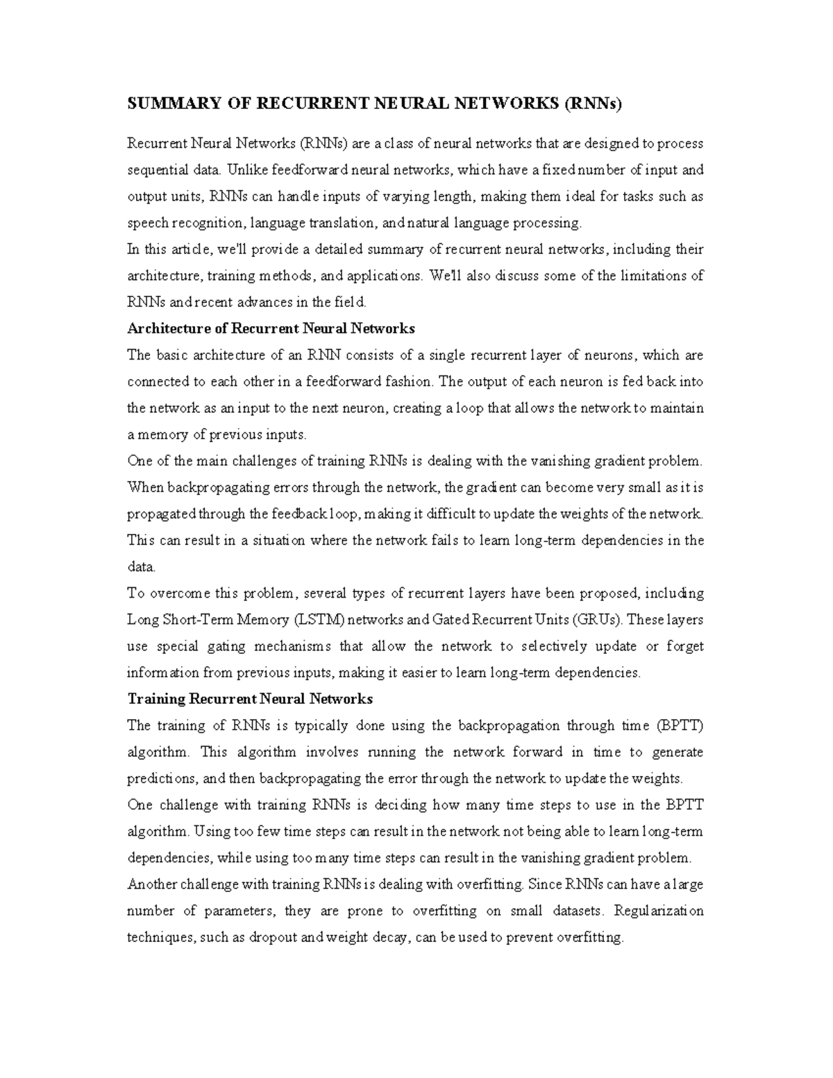 Summary Of Recurrent Neural Networks RNNs SUMMARY OF RECURRENT summary-of-recurrent-neural-networks-rnns-summary-of-recurrent