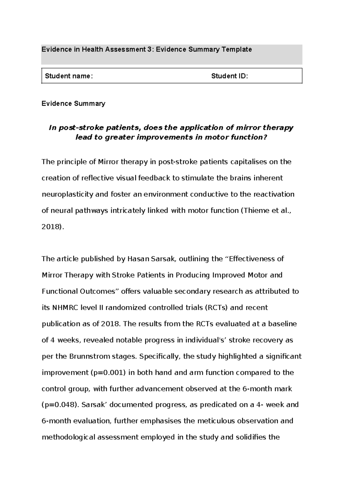 EIH evidence summmary - Evidence in Health Assessment 3: Evidence ...