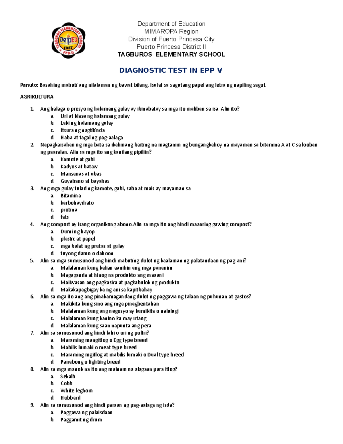 PRE-TEST EPP 5 practice only - Department of Education MIMAROPA Region ...