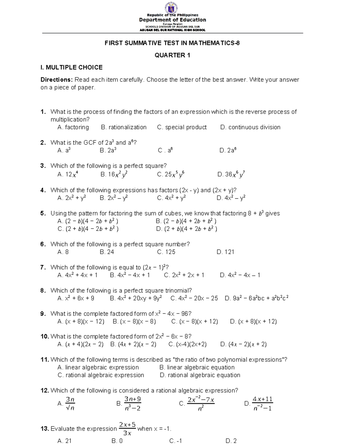 First Summative TEST IN Mathematics 8 - FIRST SUMMATIVE TEST IN ...