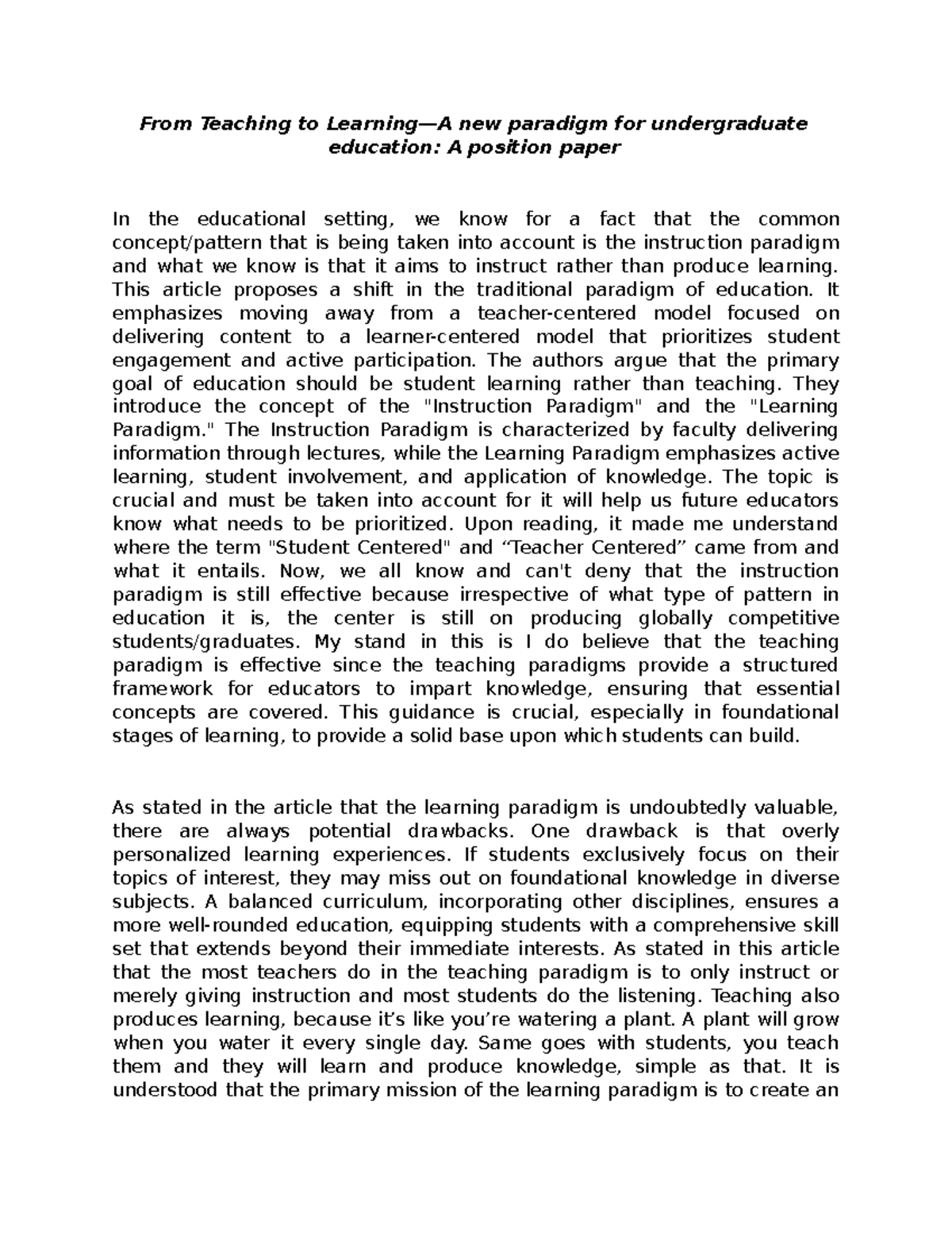 Position Paper - From Teaching to Learning—A new paradigm for ...