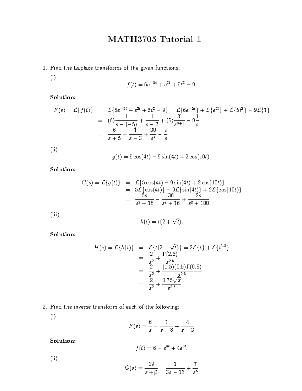 3705 Tutorial#1 - Tutorial lectures to help with tests - MATH3705 ...