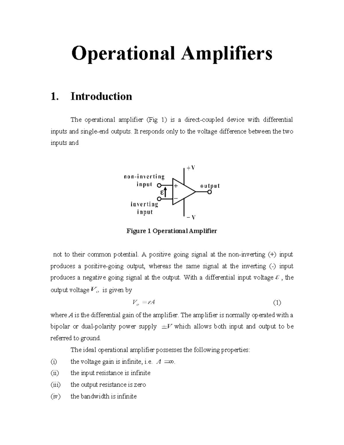 Y1 Operational Amplifiers - Operational Amplifiers 1. Introduction The operational amplifier ...