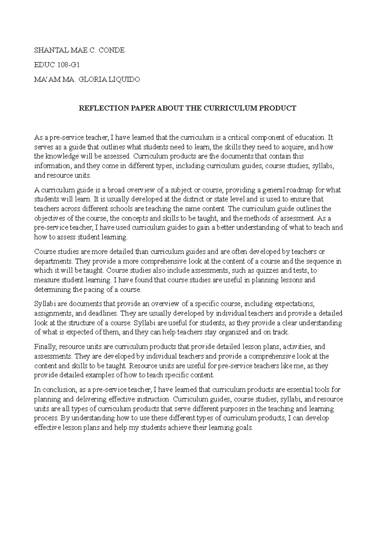 Reflection Paper About Curriculum Product - SHANTAL MAE C. CONDE EDUC ...