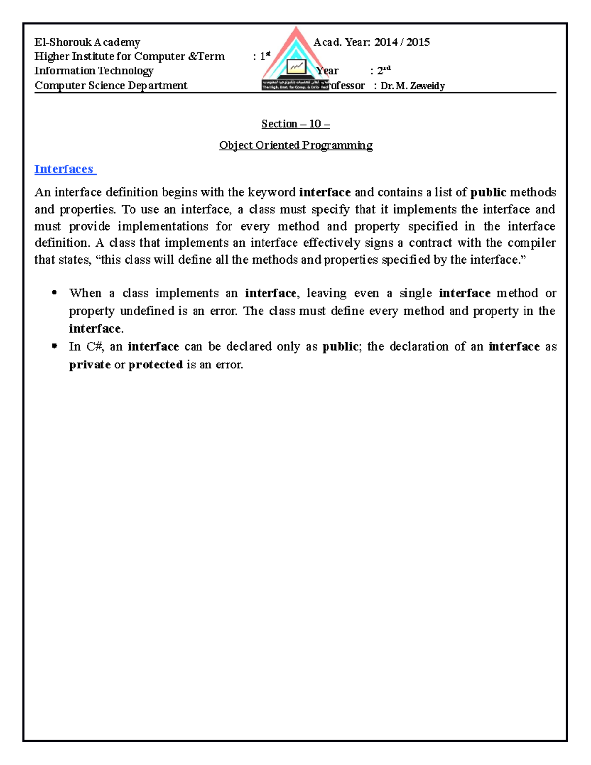 OOP Section 10 - El-Shorouk Academy Acad. Year: 2014 / 2015 Higher Institute for Computer &Term ...