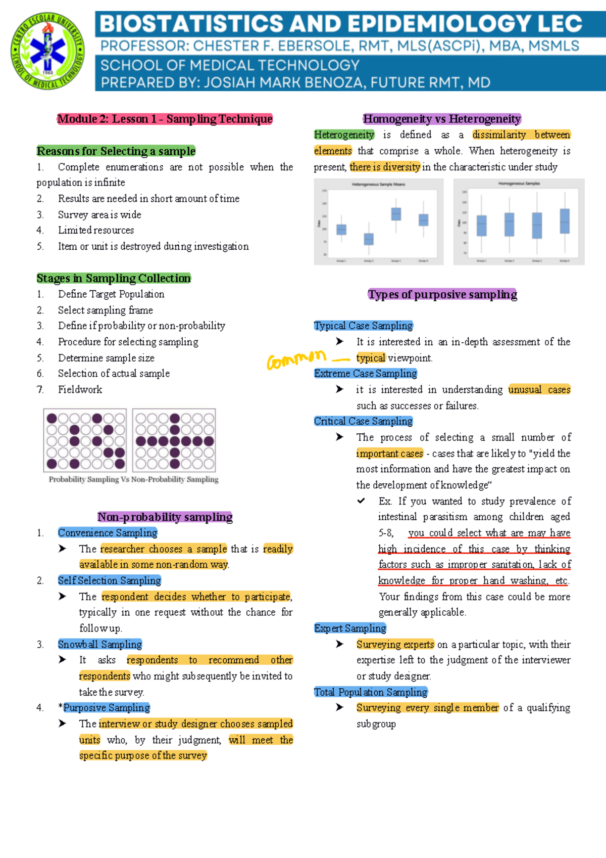 Module 2 Lesson 1 biostat lec - Module 2: Lesson 1 - Sampling Technique Reasons for Selecting a ...
