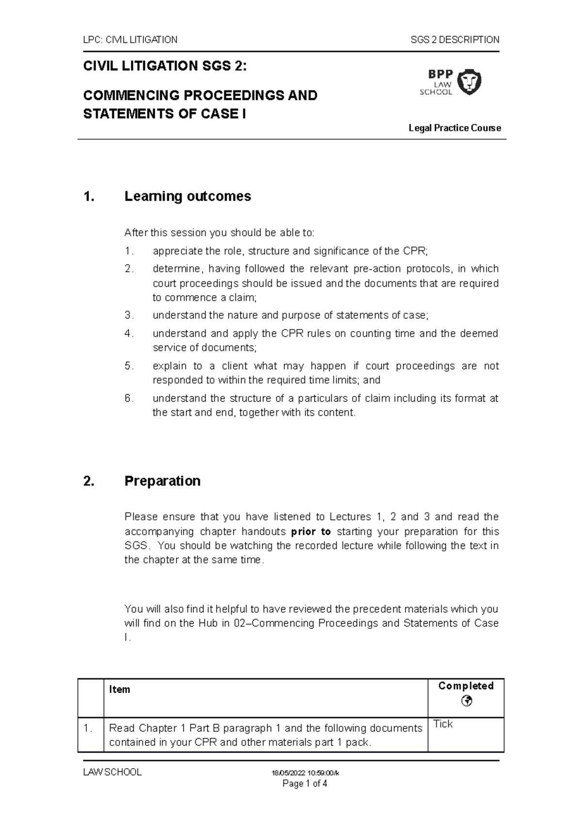 Civil Litigation SGS 2 Description - LPC: CIVIL LITIGATION SGS 2 ...