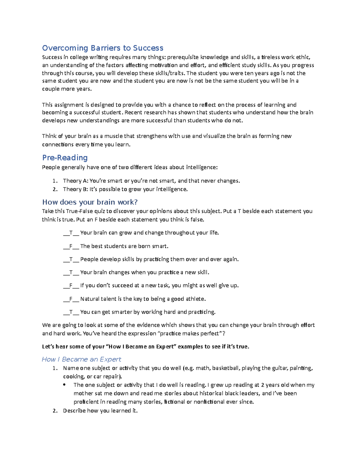 Antoine - Growth Mindset Assignment - Overcoming Barriers to Success ...