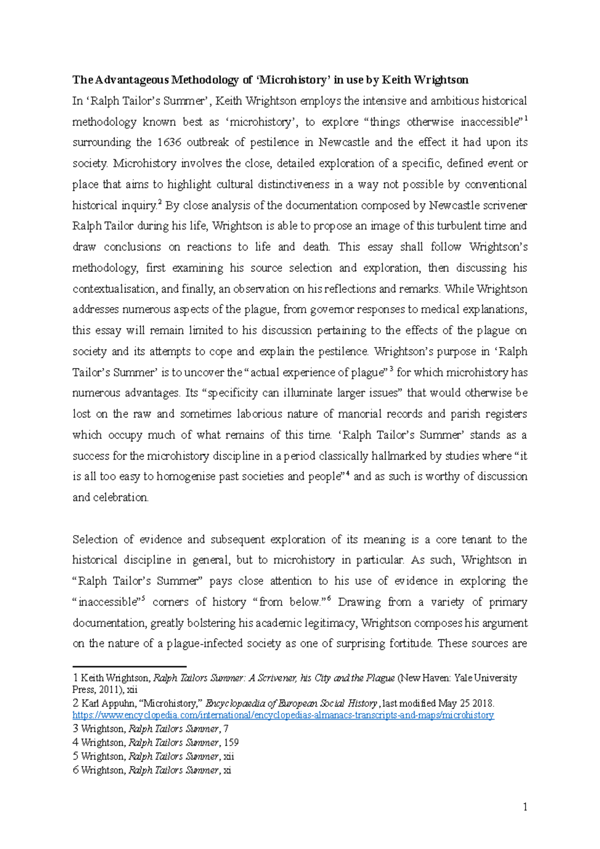 HIST1400 Wrightson Essay HD - The Advantageous Methodology of ...