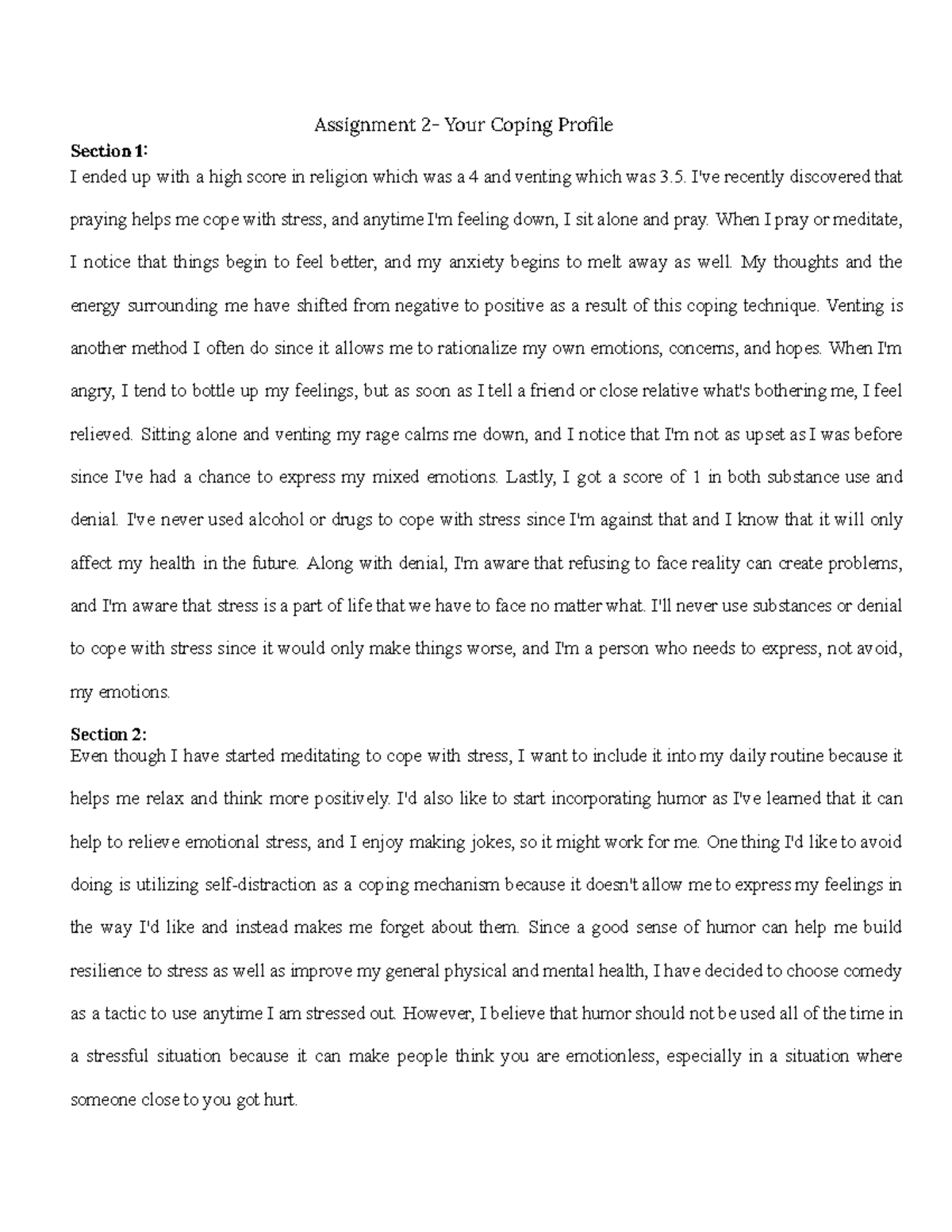 Assignment 2- Your Coping Profile - Assignment 2- Your Coping Profile ...