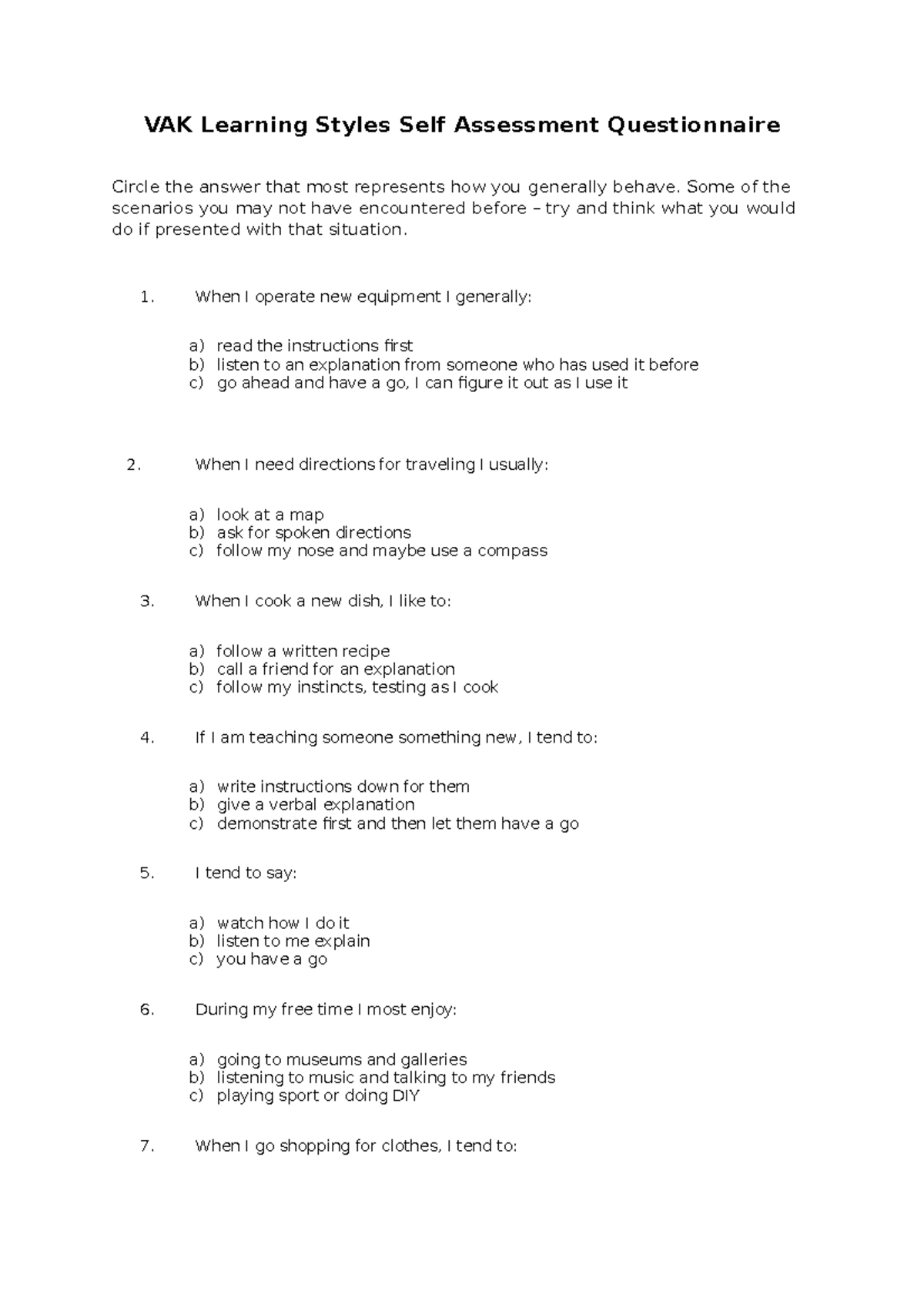 7. VAK Learning Styles Self Assessment Questionnaire - Some of ...