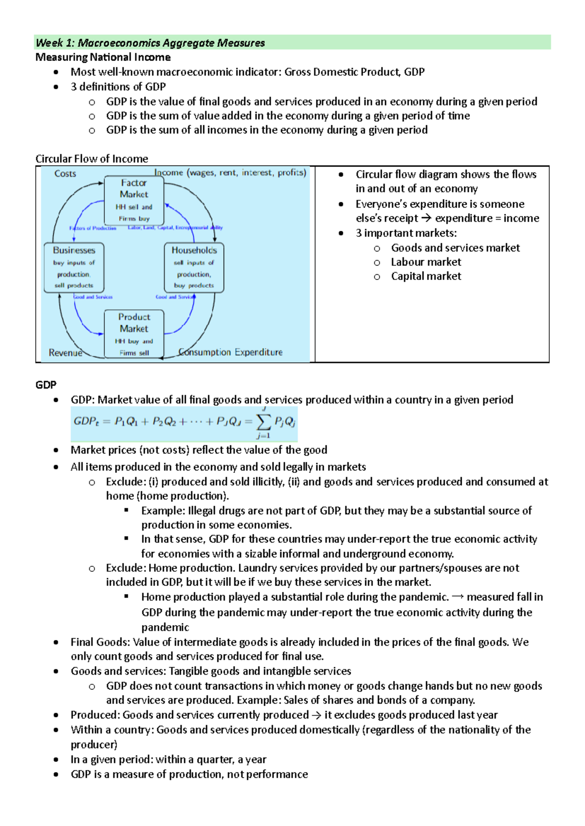 BSP2701 Revision Notes - Week 1 : Macroeconomics Aggregate Measures ...