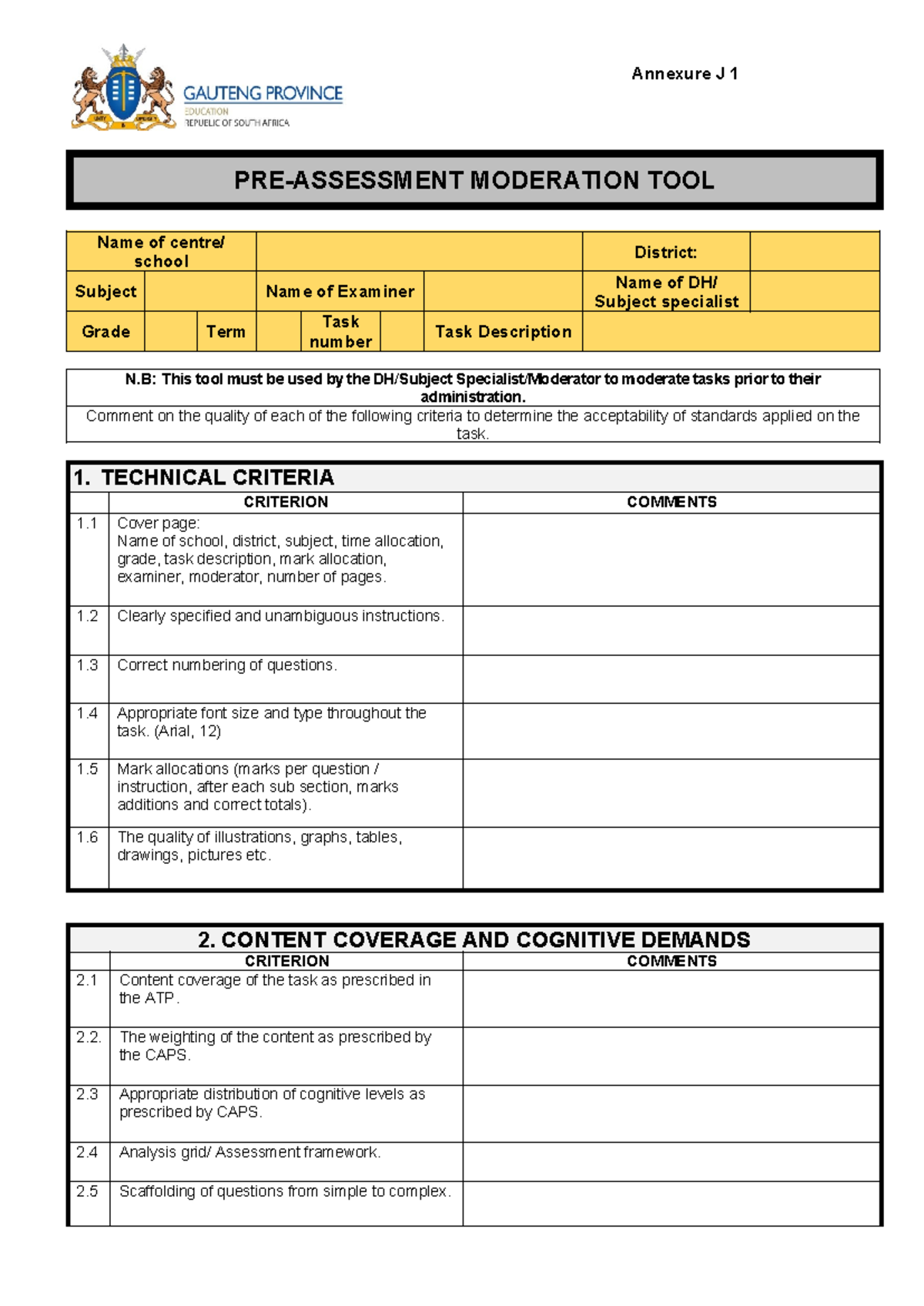 Annexure J1 Assessment FORM Pre-Moderation - PRE-ASSESSMENT MODERATION ...