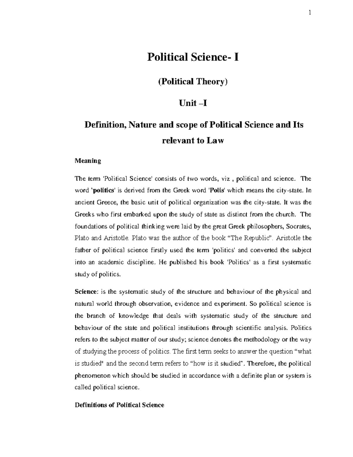 BL-1003 Political Science- I - Political Science- I (Political Theory ...