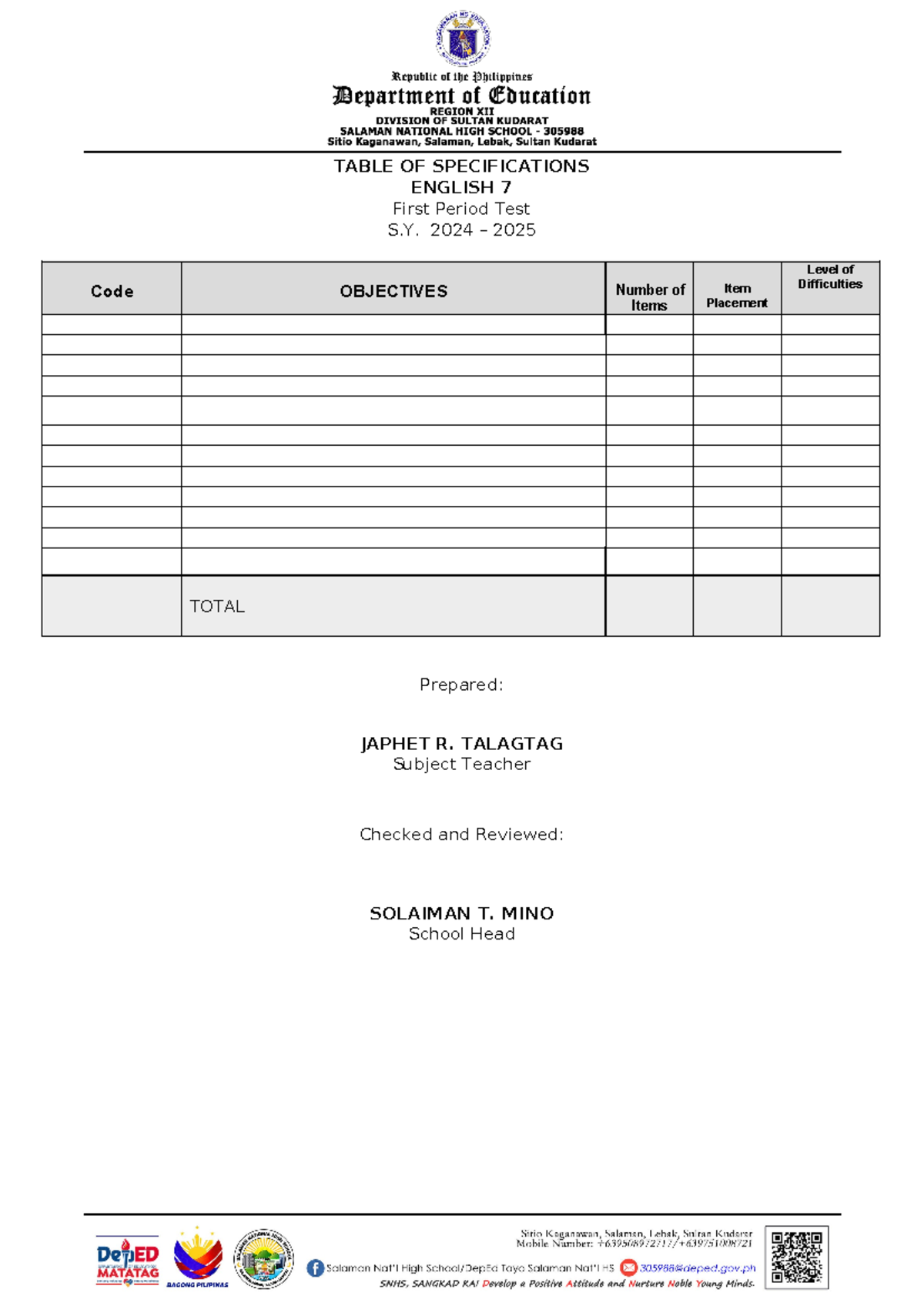 English and Filipino TOS Template - education - TABLE OF SPECIFICATIONS ...