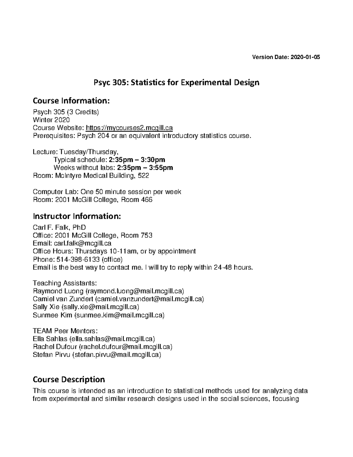 Syllabus 202001 05 - Psyc 305: Statistics for Experimental Design ...