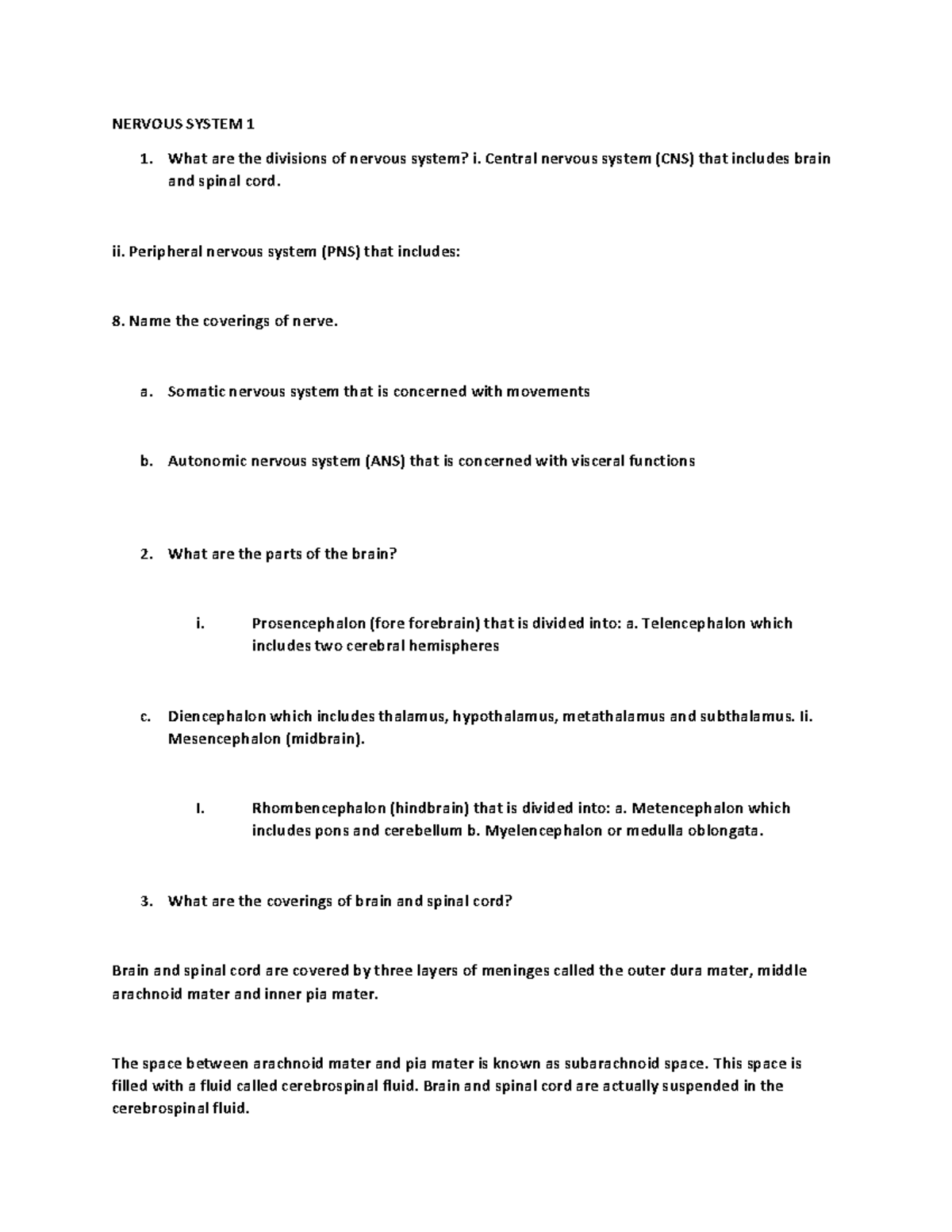 Nervous system A - Questions note for easy studying - NERVOUS SYSTEM 1 ...