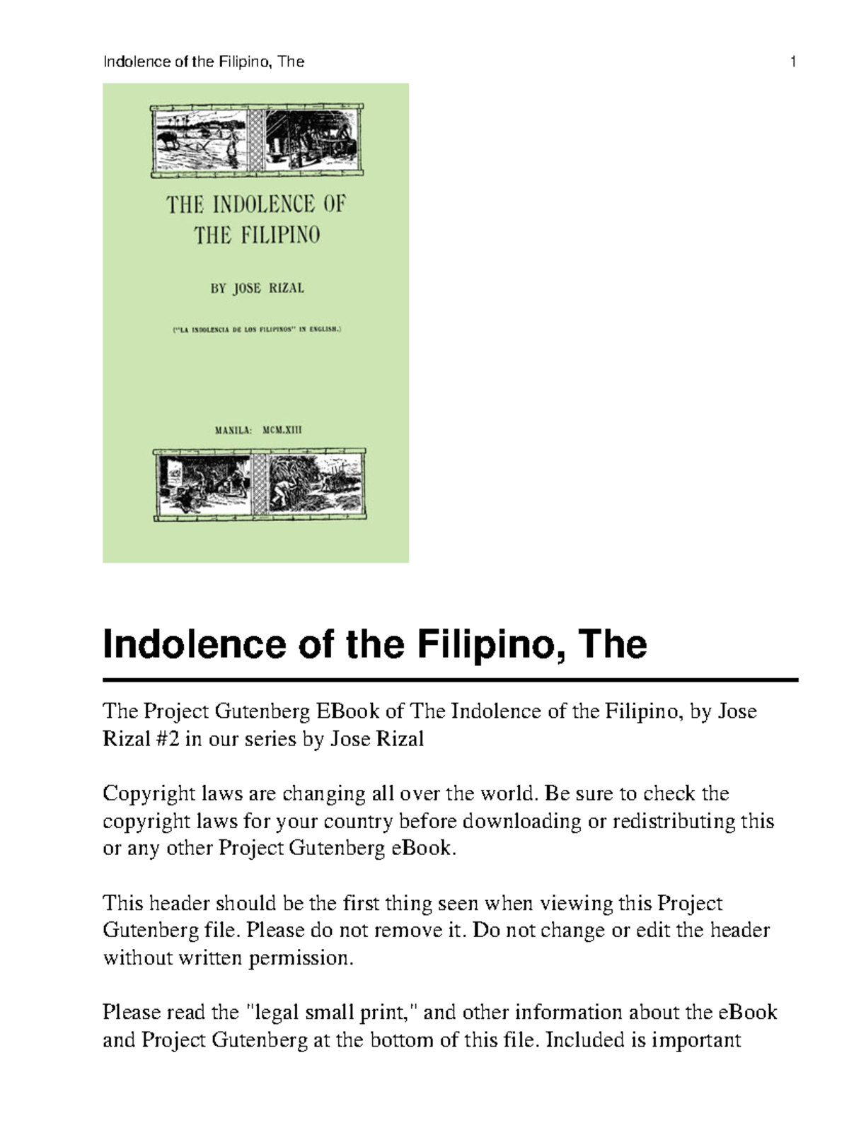 The Indolence of the Filipino by Jose Rizal - Be sure to check the ...