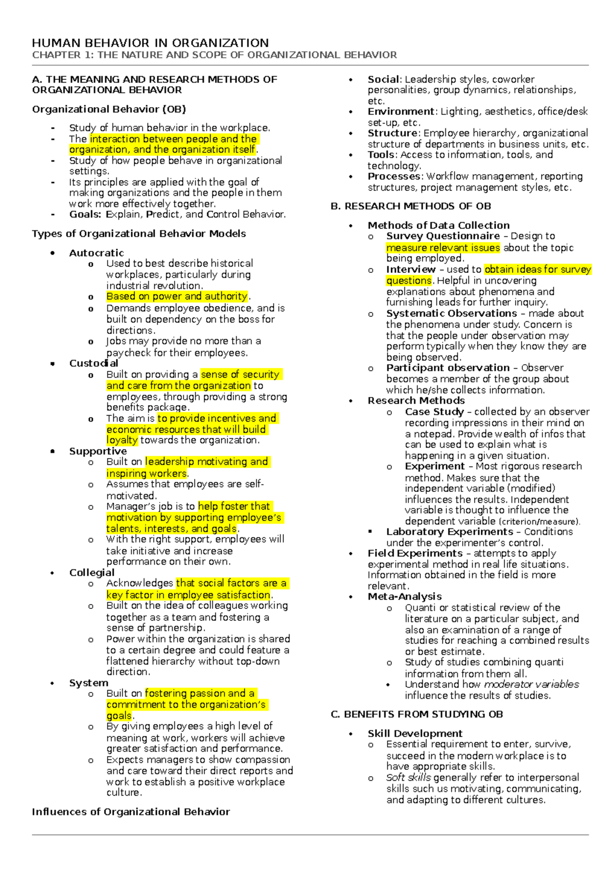 HBO (Chapter 1) - HUMAN BEHAVIOR IN ORGANIZATION CHAPTER 1: THE NATURE ...
