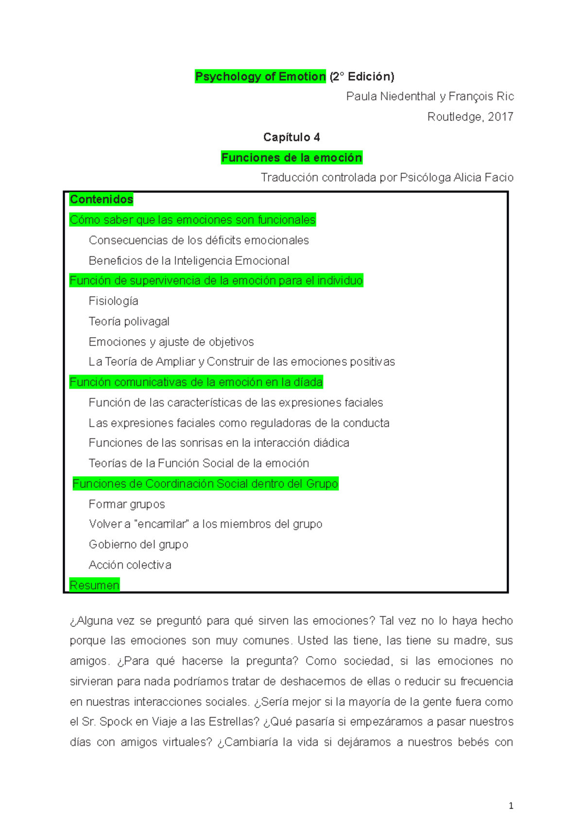 Niedenthal Cap 4 Funciones Emoción C - Psychology of Emotion (2 ...