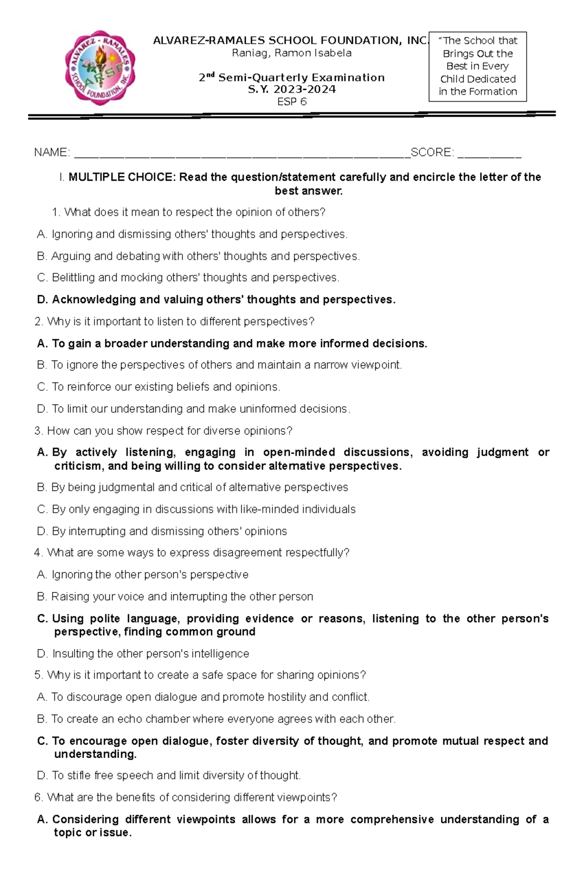 ESP6 2nd Semi-Q Exam - Exam in Values Education - ALVAREZ-RAMALES ...