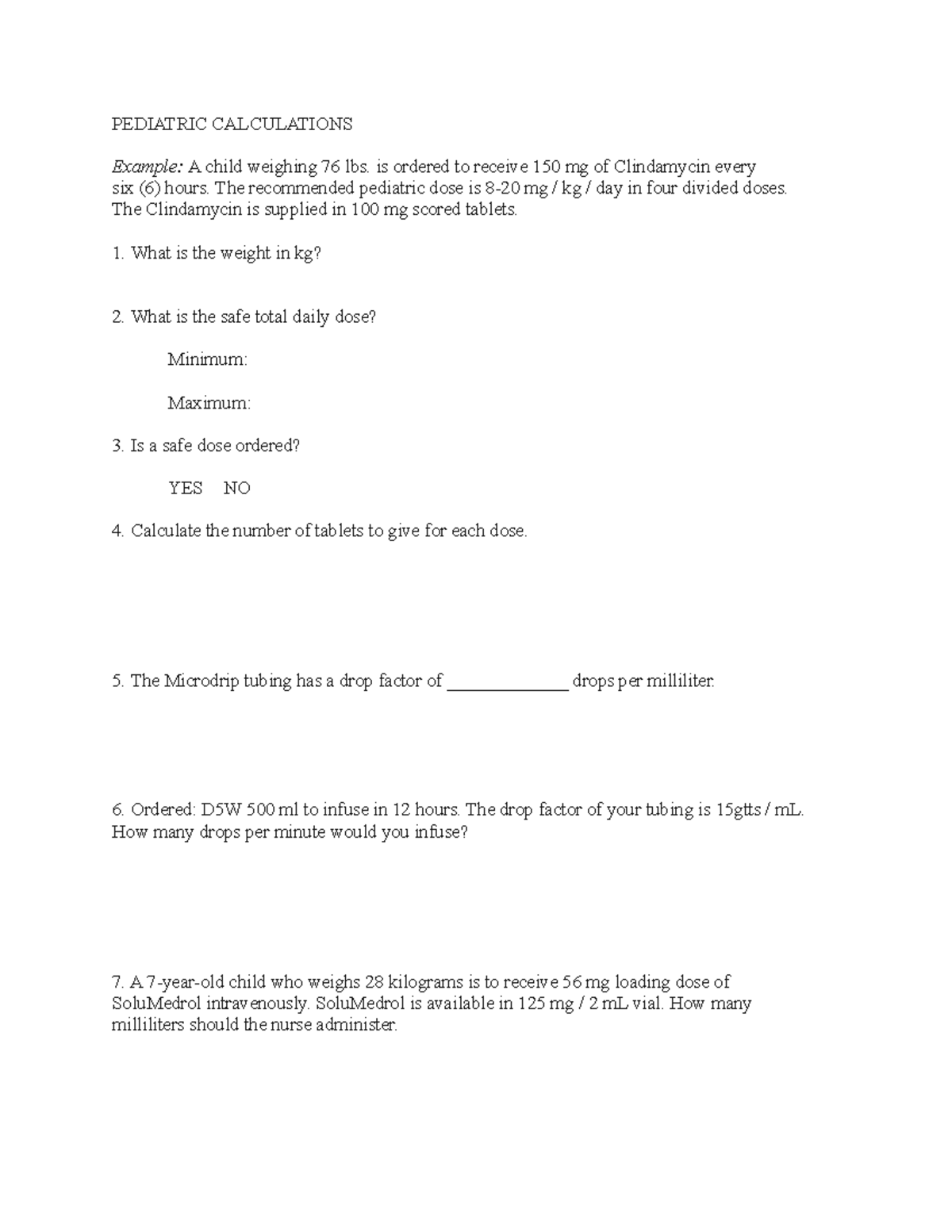 Pediatrics Dosage Calculation Worksheet 01 PEDIATRIC CALCULATIONS 
