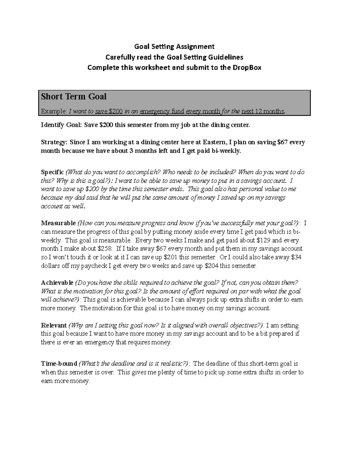 Goal Setting Assignment Sheet - Goal Setting Assignment Carefully read ...