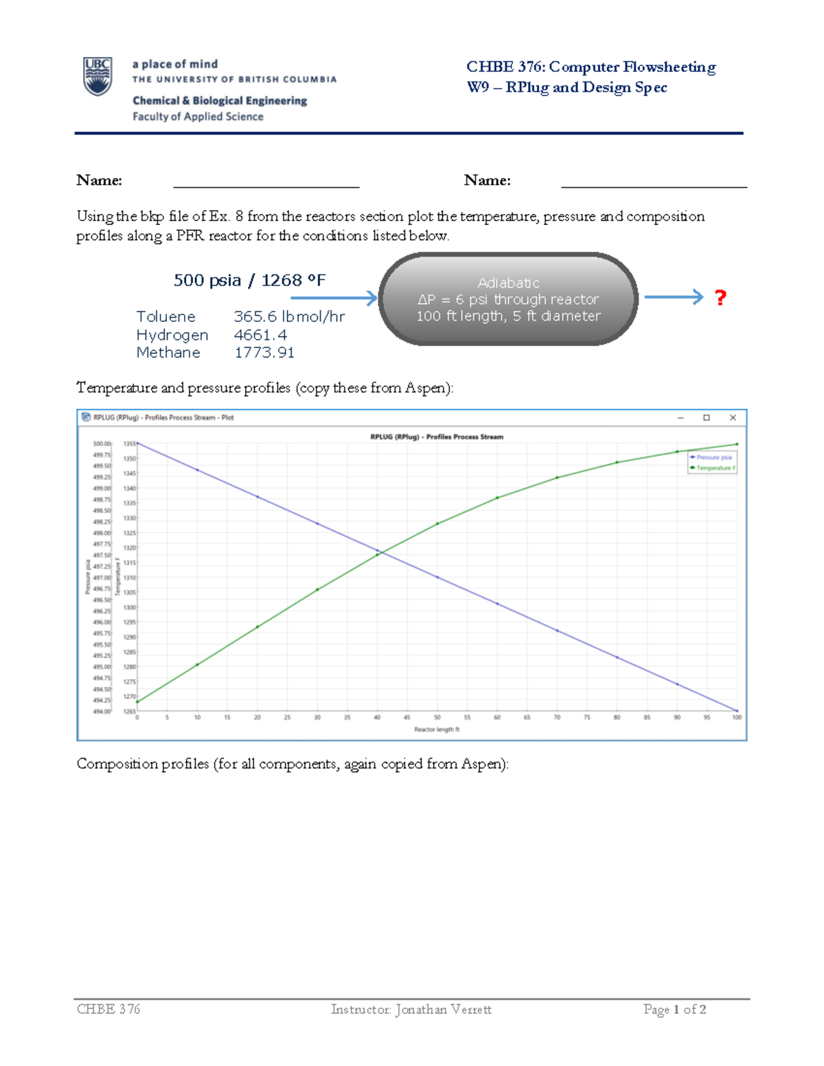 W9 PFR - Worksheet 9 - CHBE 376 Instructor: Jonathan Verrett Page 1 of 2 CHBE 376: Computer ...