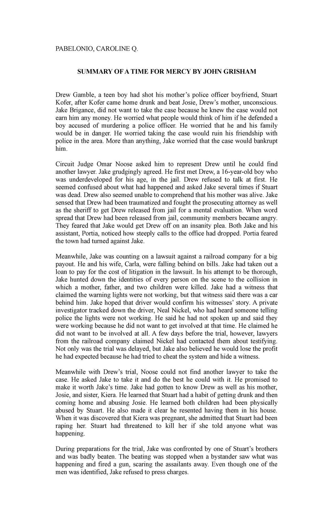 Summary OF A TIME FOR Mercy BY JOHN Grisham - PABELONIO, CAROLINE Q ...