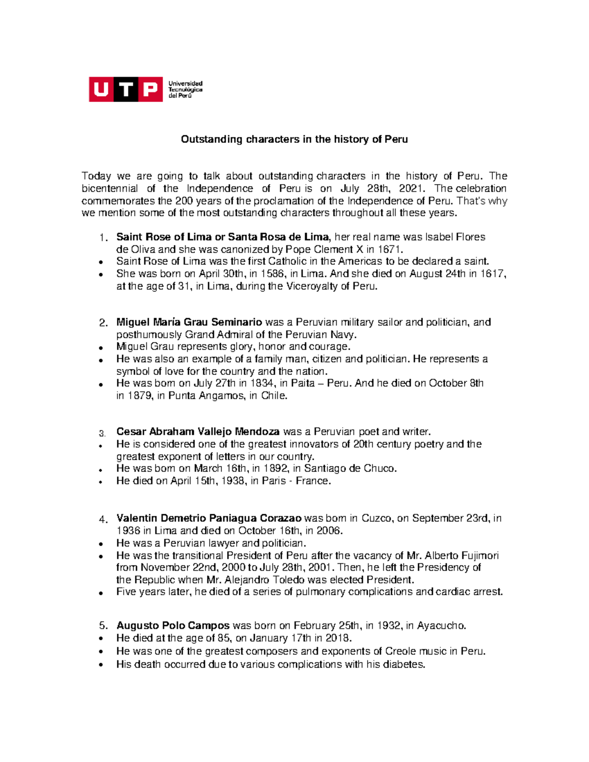 Week 4- Script - Outstanding characters in the history of Peru ...