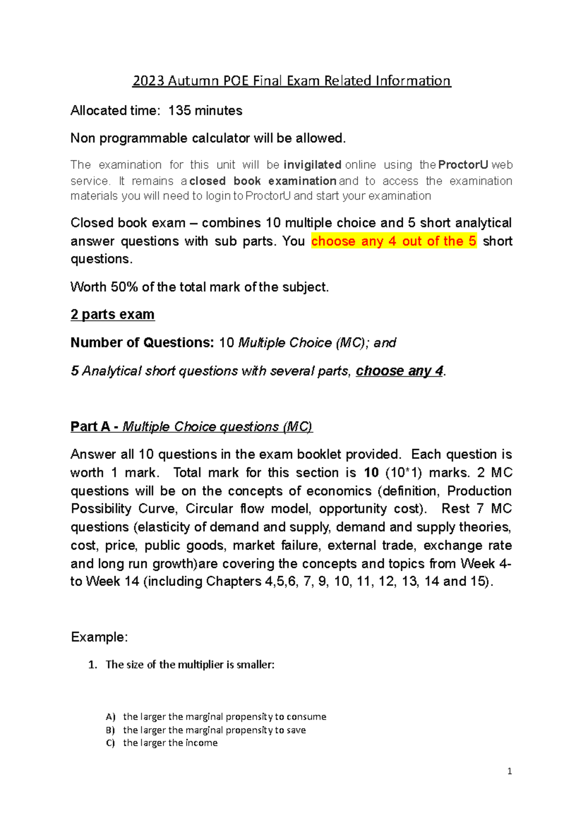 Sample final exam Principles - 2023 Autumn POE Final Exam Related Information Allocated time ...