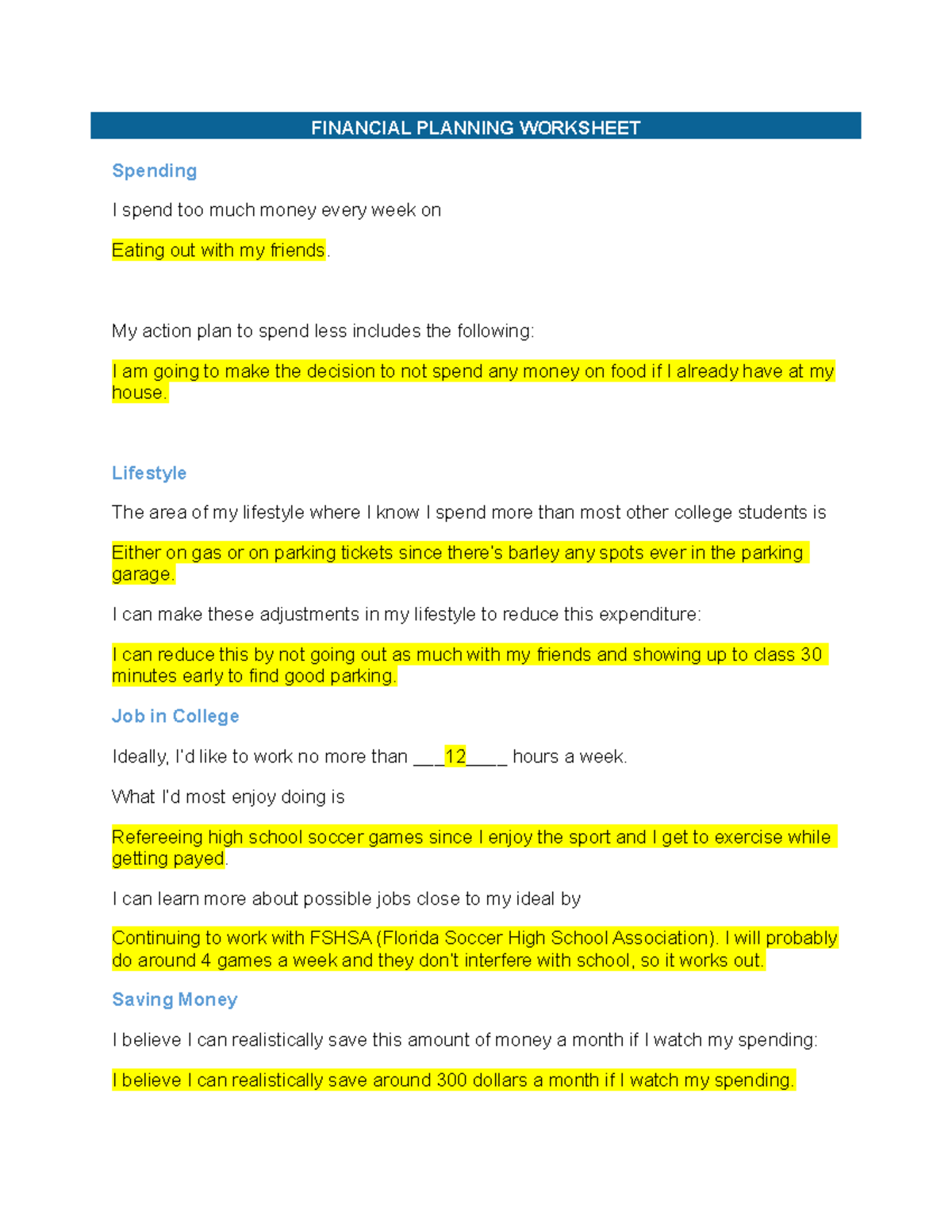 Financial planning worksheet - FINANCIAL PLANNING WORKSHEET Spending I ...