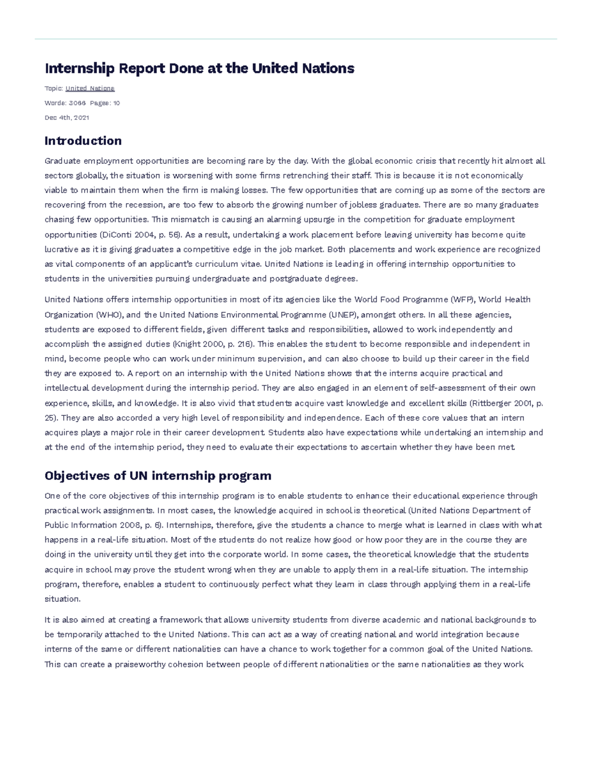 Internship Report Done at the United Nations Free Essay Example ...