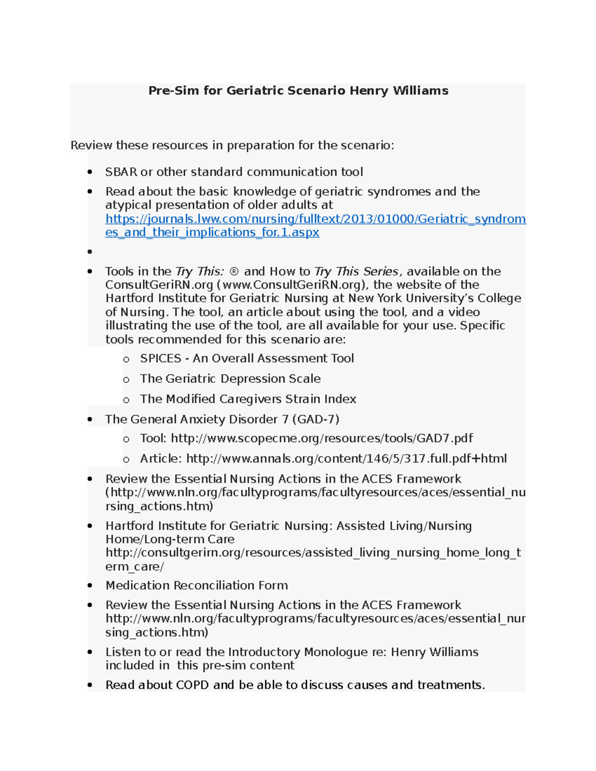 Pre sim Henry Williams(1) - Pre-Sim for Geriatric Scenario Henry ...