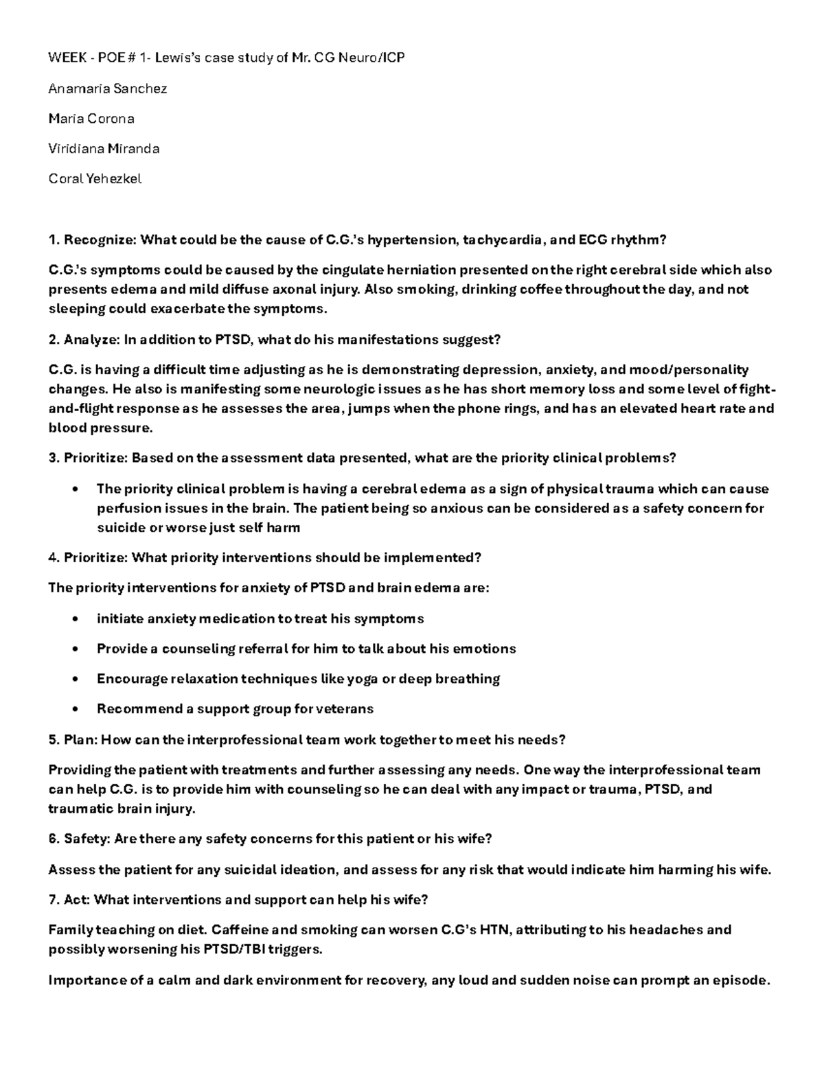 Neuro case study - notes - WEEK - POE # 1- Lewis’s case study of Mr. CG ...