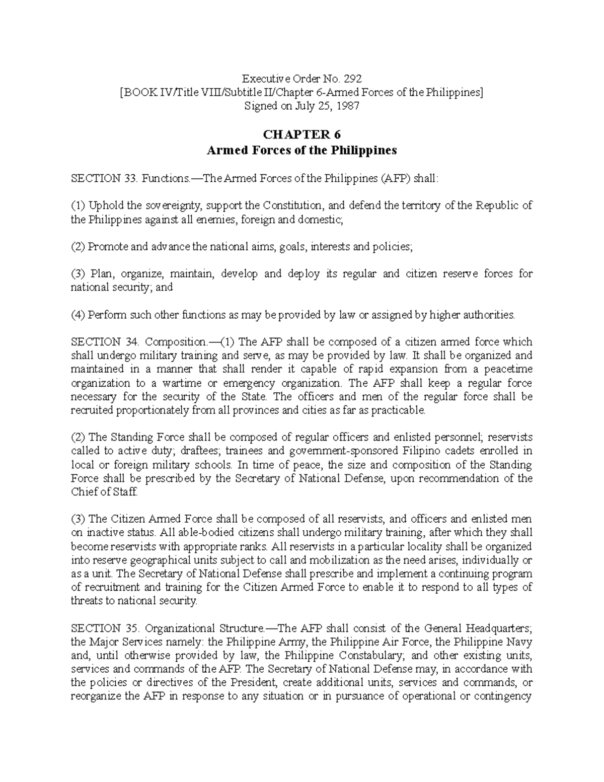 AFP Mandate EO 292 - Executive Order No. 292 [BOOK IV/Title VIII ...