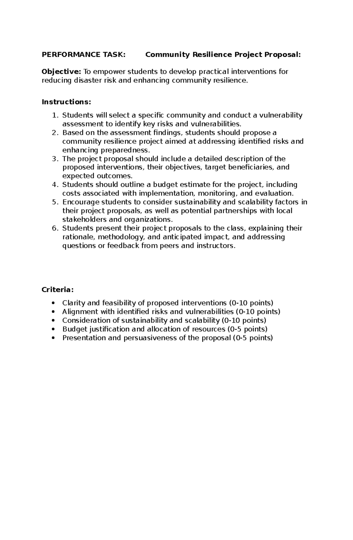 Community Resilience Project Proposal: - PERFORMANCE TASK: Community ...