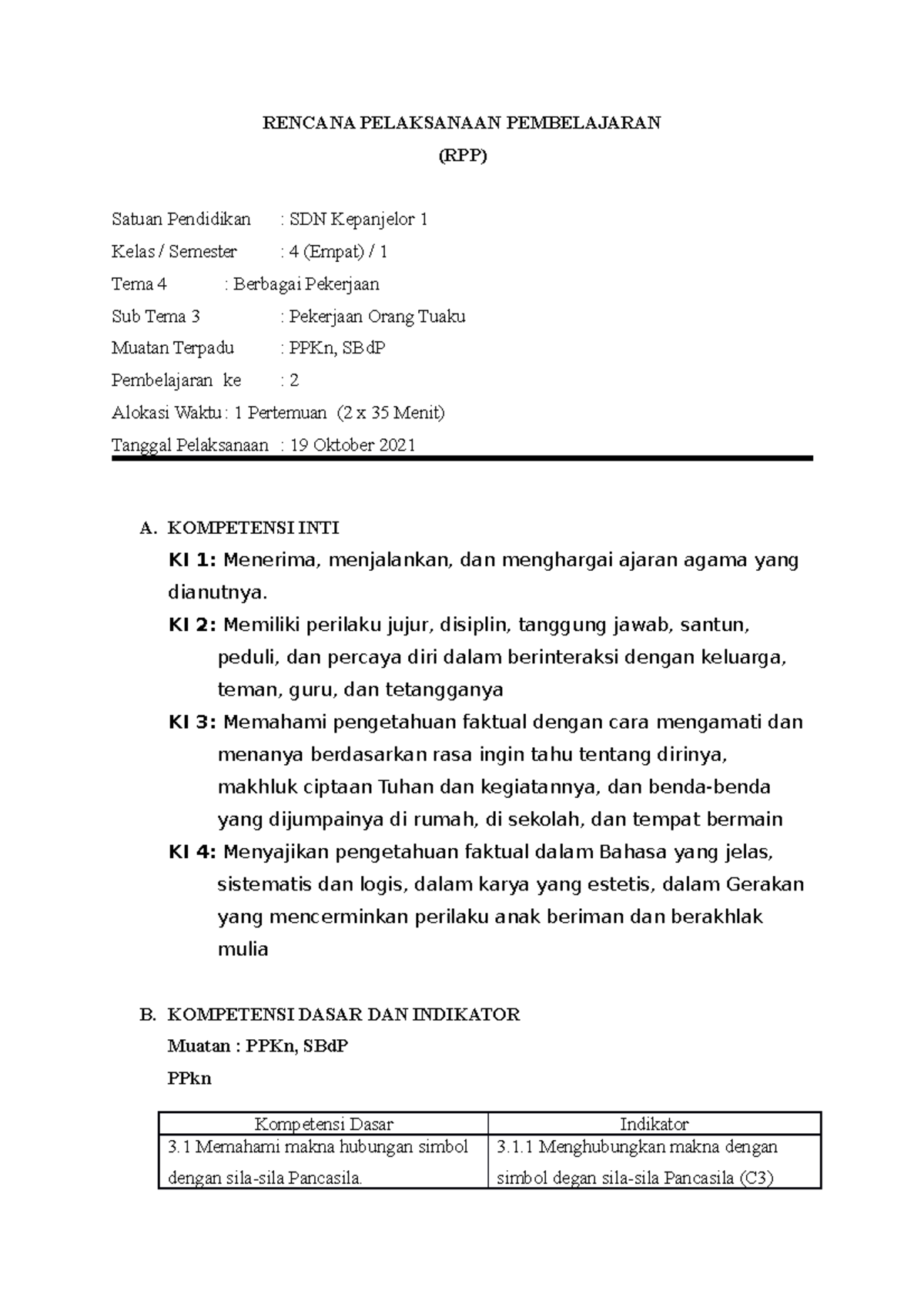 RPP Kelas 4 T4 ST3 PB2-1 - RENCANA PELAKSANAAN PEMBELAJARAN (RPP ...