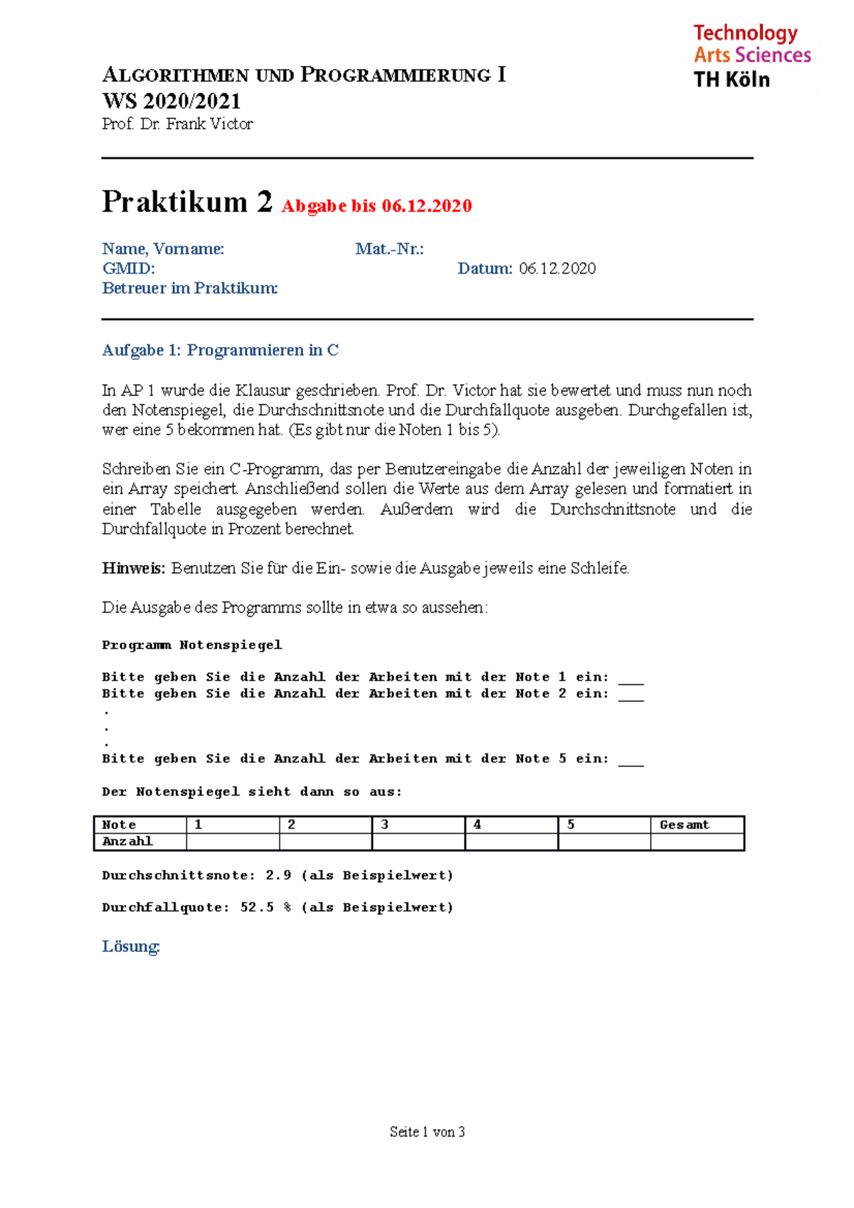 B2 - Aufgabenstellungen + Lösungen zum Praktikum Nr. 2 im Modul Algorithmen und Programmierung ...