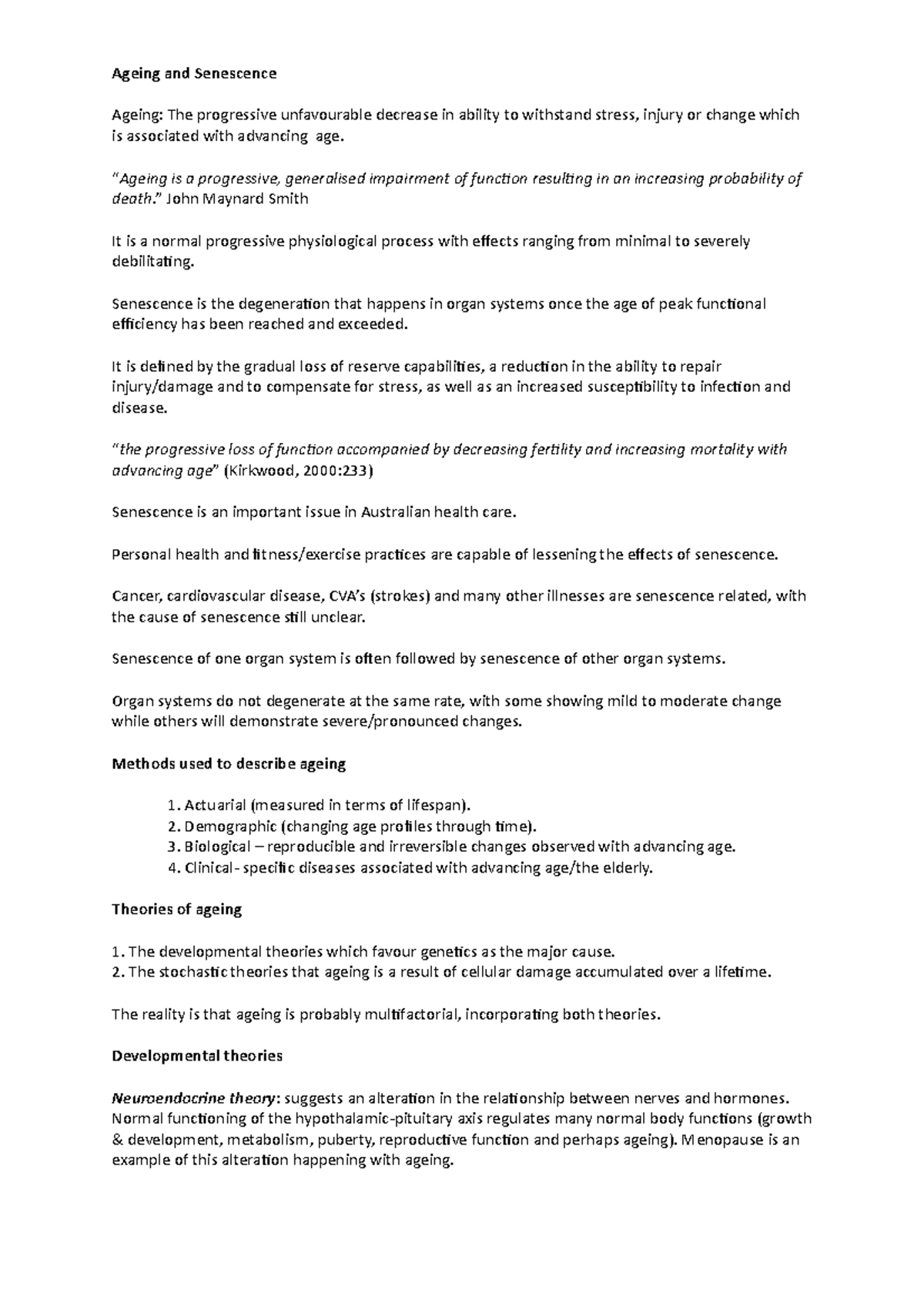 Ageing and Senescence test notes for SCH3434 Human Reproduction ...