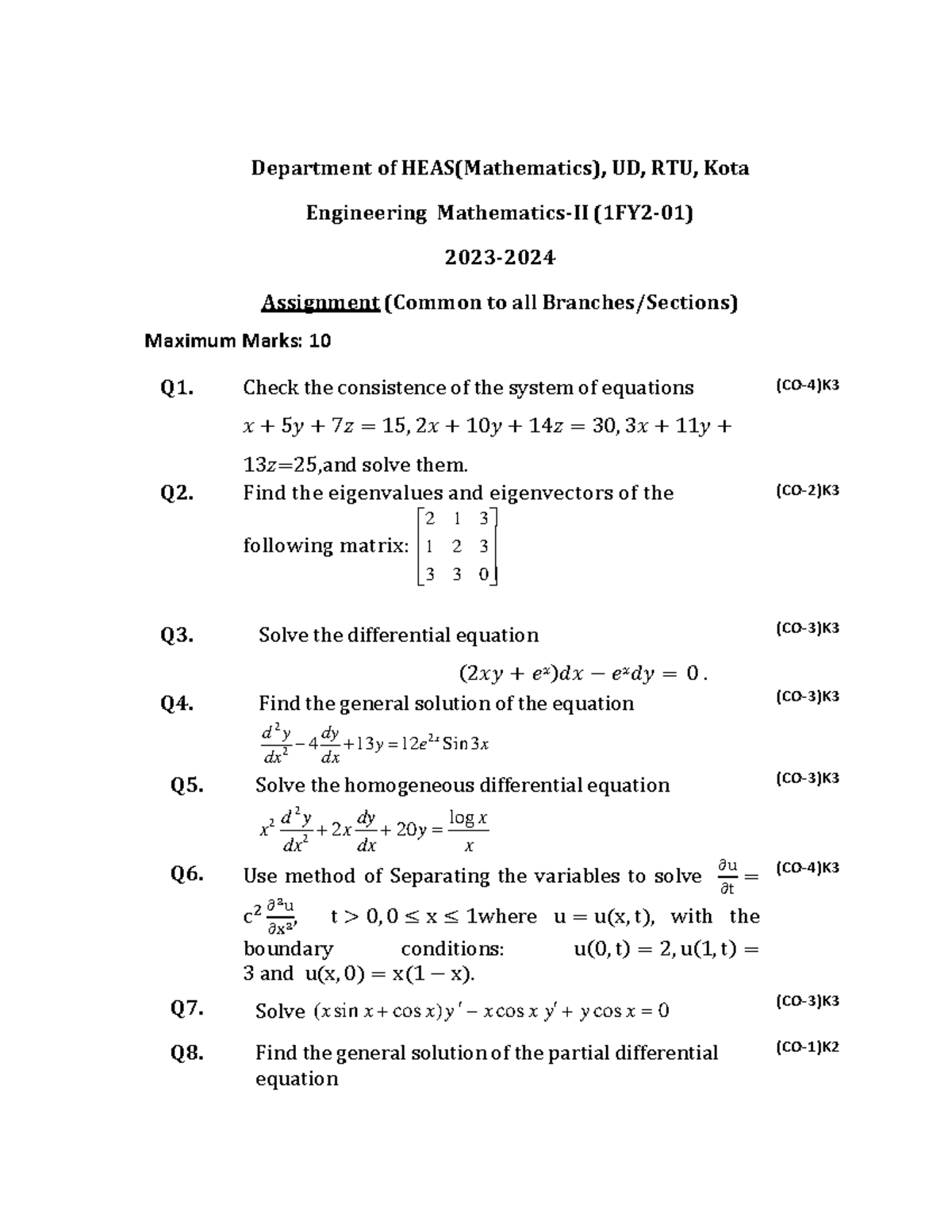 II Sem Assignments 2024 - Department of HEAS(Mathematics), UD, RTU ...