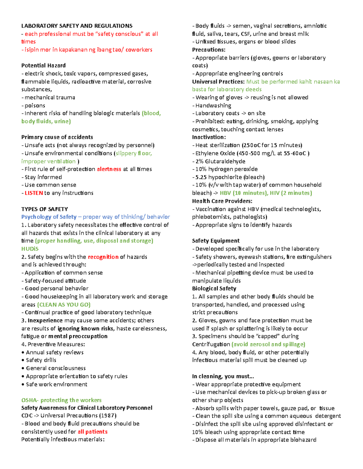 LAB 1 - Safety - Notes and transes - LABORATORY SAFETY AND REGULATIONS ...