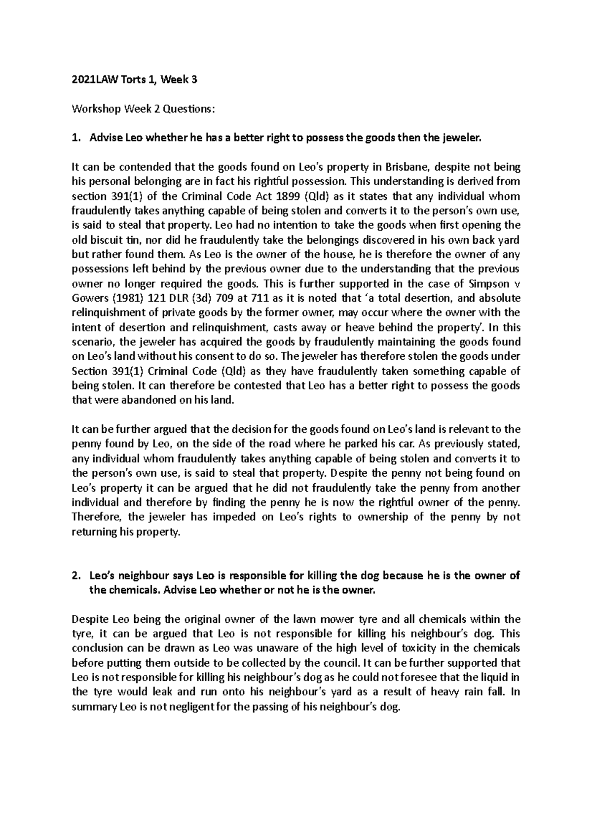 Week 3 - Workshop Questions - 2021LAW Torts 1, Week 3 Workshop Week 2 Questions: Advise Leo ...