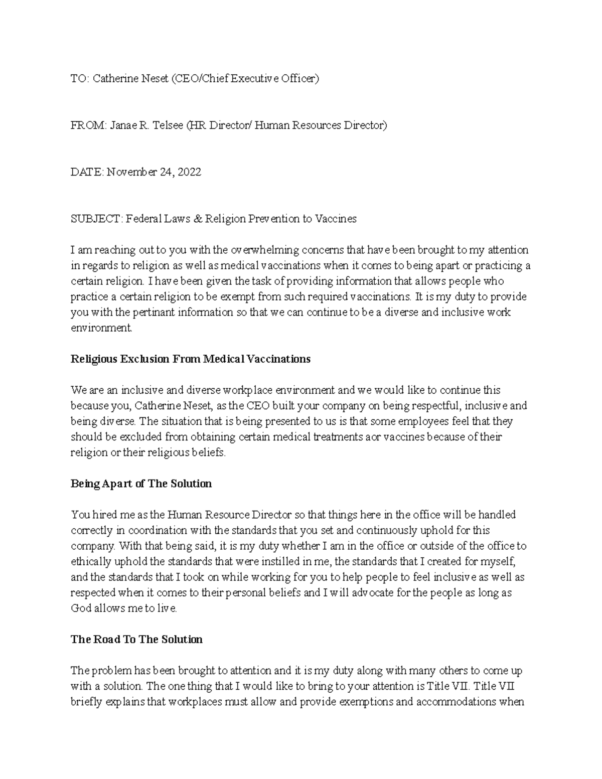 Draft Memo Assignment - N/A - TO: Catherine Neset (CEO/Chief Executive ...