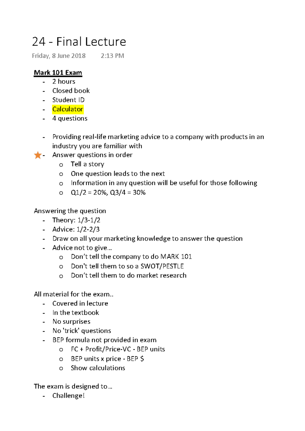 MARK101 Lecture 24 - Warning: TT: undefined function: 32 Mark 101 Exam - 2 hours - Closed book ...