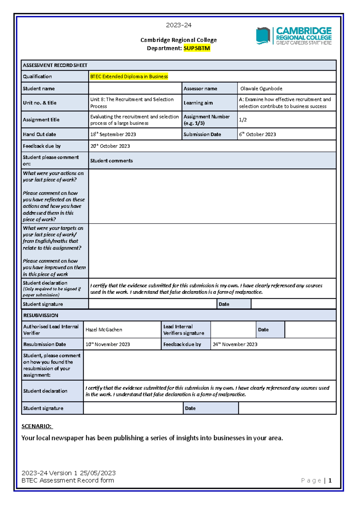 Unit 8 Assignment 1 - fdf - Cambridge Regional College Department ...