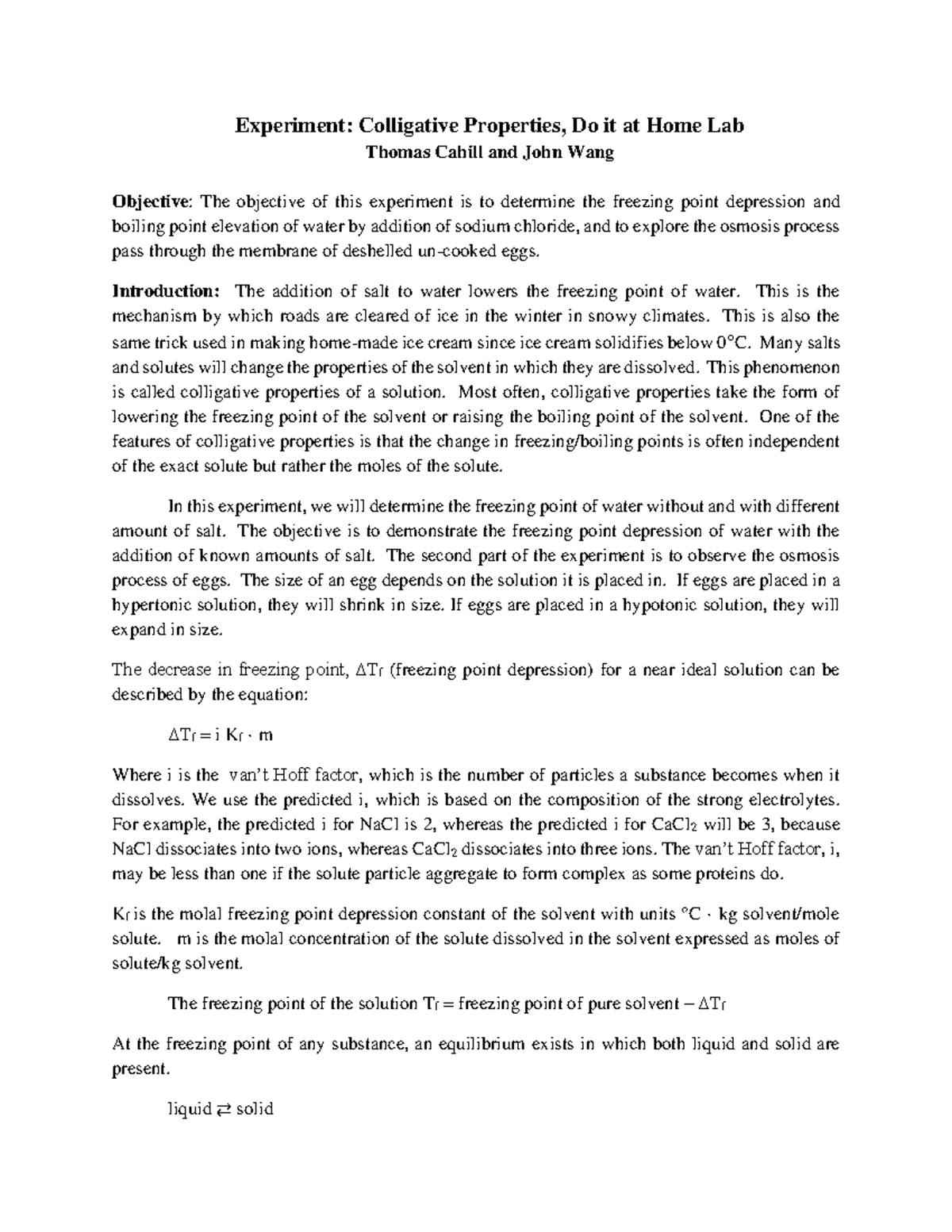 Lab Colligative Porperties Summer 2020 Students - Experiment ...