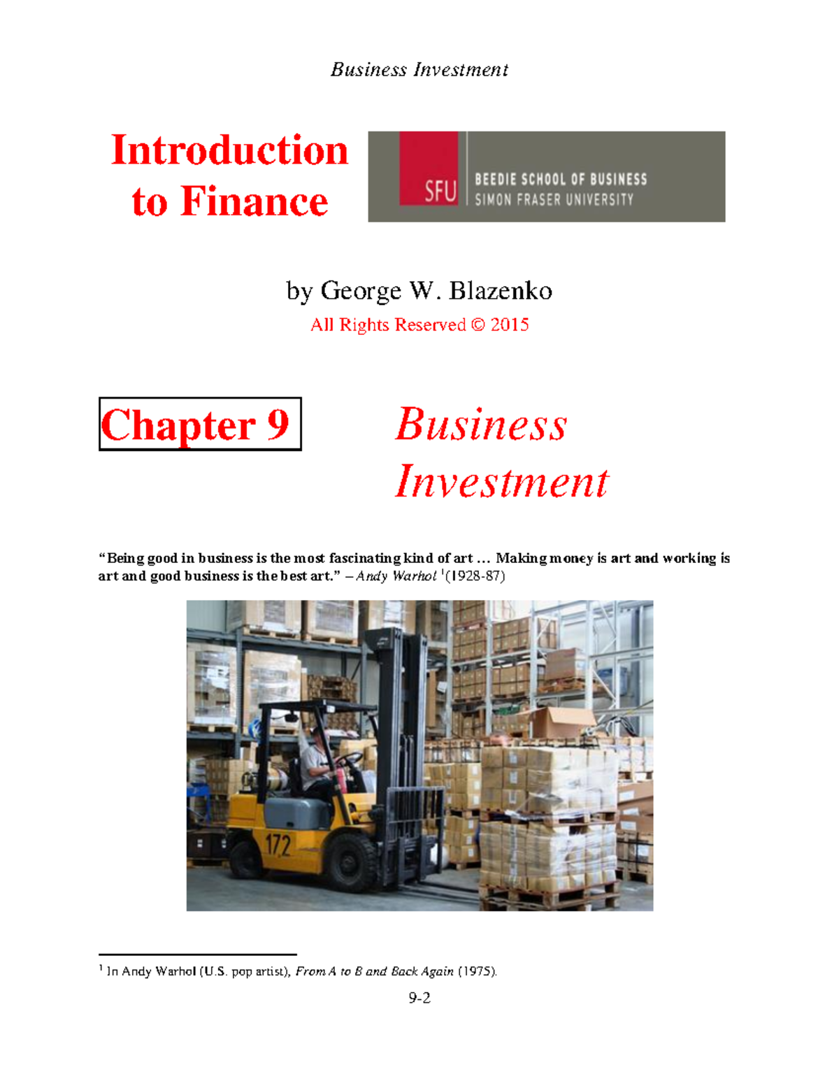 NINE - Lecture notes 9 - Introduction to Finance by George W. Blazenko ...
