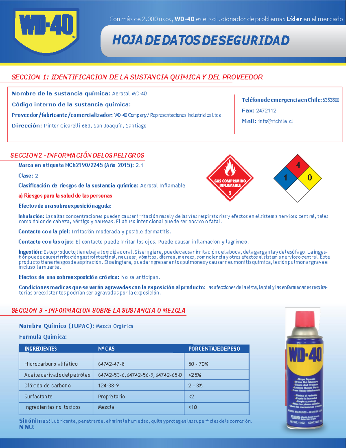 HDS WD-40 - Hoja de Seguridad - HOJA DE DATOS DE SEGURIDAD SECCION 3 ...