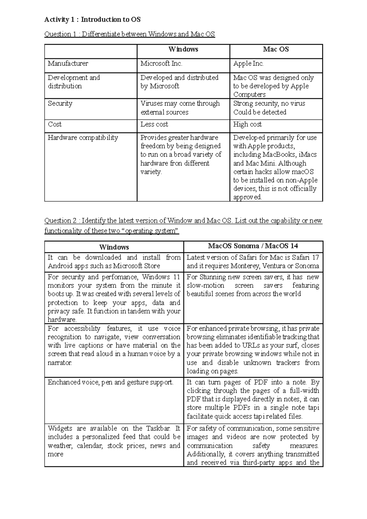 Activity 1 Introduction TO OS - Activity 1 : Introduction to OS ...